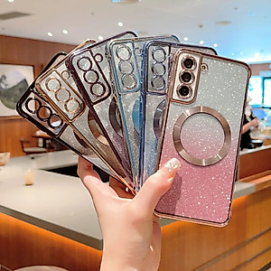 phylla for Samsung Galaxy S21 FE Magnetic Gradient Glitter Phone Case Compatible with Magsafe Luruxy Plated Cute Bling Clear Cover for Women Soft Silicone Shockproof Bumper for S21 FE 5G 6.4” (Gold)