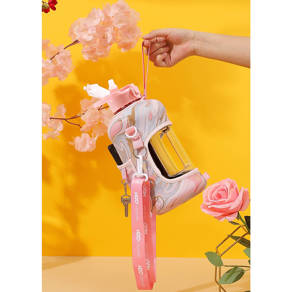 H2O Capsule 2.2L Half Gallon Water Bottle with Storage Sleeve and Removable Straw – BPA Free Large Reusable Drink Container with Handle - Big Sports Jug, 2.2 Liter (74 Ounce), Pink Marble