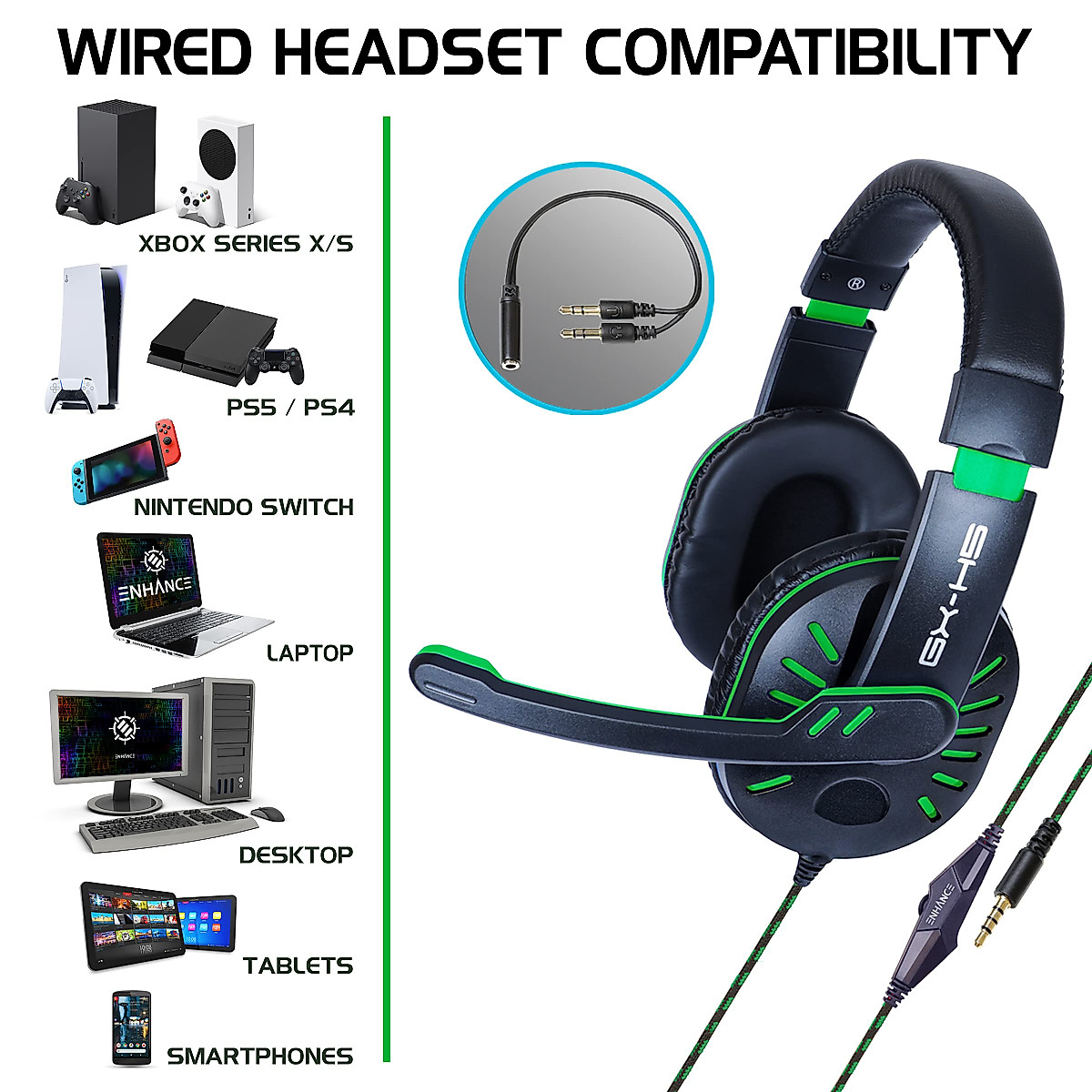 ENHANCE GX-H5 Gaming Headset with Microphone - Universal Gaming Headset for PS4, PS5, Xbox, PC, Switch with Adjustable Headband, Volume Controller, USB Sound-Isolating Earcups, Splitter Cable (Green)