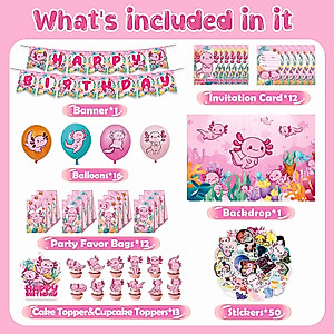 105 Pcs Axolotl Birthday Decorations Party Supplies Axolotl Cupcake Toppers Balloons Happy Birthday Banner Stickers