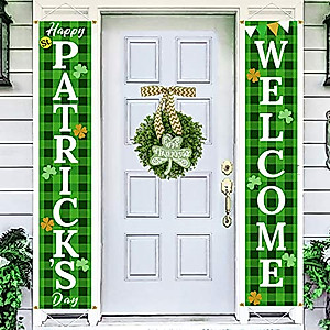 Ivenf St Patricks Day Decorations Door Banner, 2pcs Front Porch Sign Set Green Black Buffalo Plaid Hanging Banners, Happy St. Patrick's Day Decor for Home School Office Outdoor Indoor Irish Party