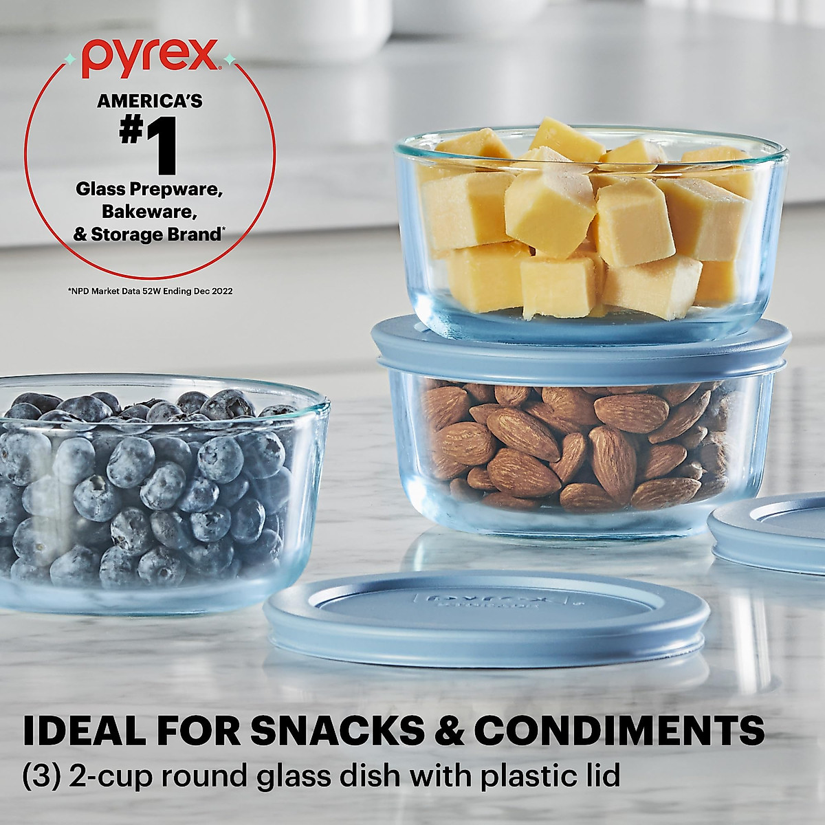 Pyrex Colors (3-Pack, Small) Tinted Glass Round Food Storage Container Set, Snug Fit Non-Toxic Plastic BPA-Free Lids, Freezer Dishwasher Microwave Safe, 2 Cup (x3) Tinted Glass , Blue