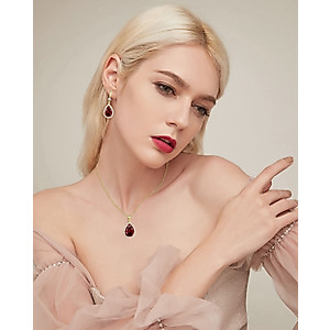 Women Jewelry Set Silver/Gold Plated Teardrop Pendant Necklace Dangle Drop Earrings Dangling Sets Birthstone Crystals Rhinestone,Birthday Anniversary Wedding Mother’s Day Gifts for Women Yellow Gold Plated Garnet