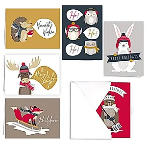 Woodland Animals Holiday Card Pack / 36 Cards And Envelopes Set / 6 Cards Of Each Winter Design/Cheerful Verses Inside/Christmas Greeting Card Set