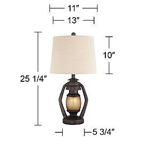 Franklin Iron Works Horace Rustic Farmhouse Table Lamps 25.25" High Full Size Set of 2 with Nightlight Miner Lantern Brown Oatmeal Tapered Drum Shade for Living Room Bedroom House Bedside Nightstand