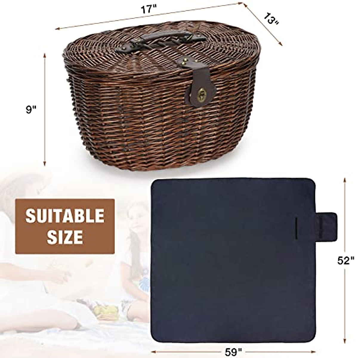 Unique Willow Picnic Basket for 2 Persons, Natural Wicker Picnic Hamper with Service Set and Insulated Cooler Bag - Best Gifts for Father Mother