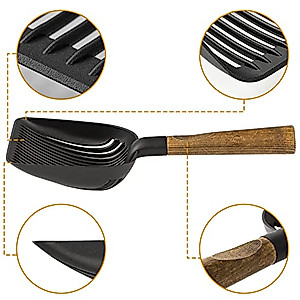 Yangbaga Newest Cat Litter Scoop with Deep Shovel, Non-Stick Coated Metal Litter Scoop with Ash Wood Handle&Hanging Design, More Efficient Litter Sifter with Better Litter Filtration (Dark Brown)