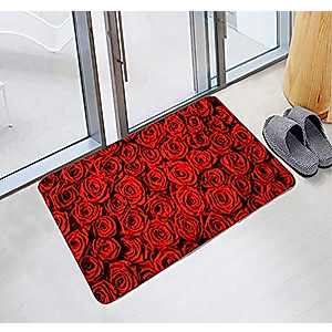 Red Rose Flower Print 17MM Thick Memory Foam Bathroom Carpet and Door Mat Non-Slip Absorbent Super Bath Mats Comfortable Flannel Bathroom Carpet Bed Rug 24 X 16 Inches