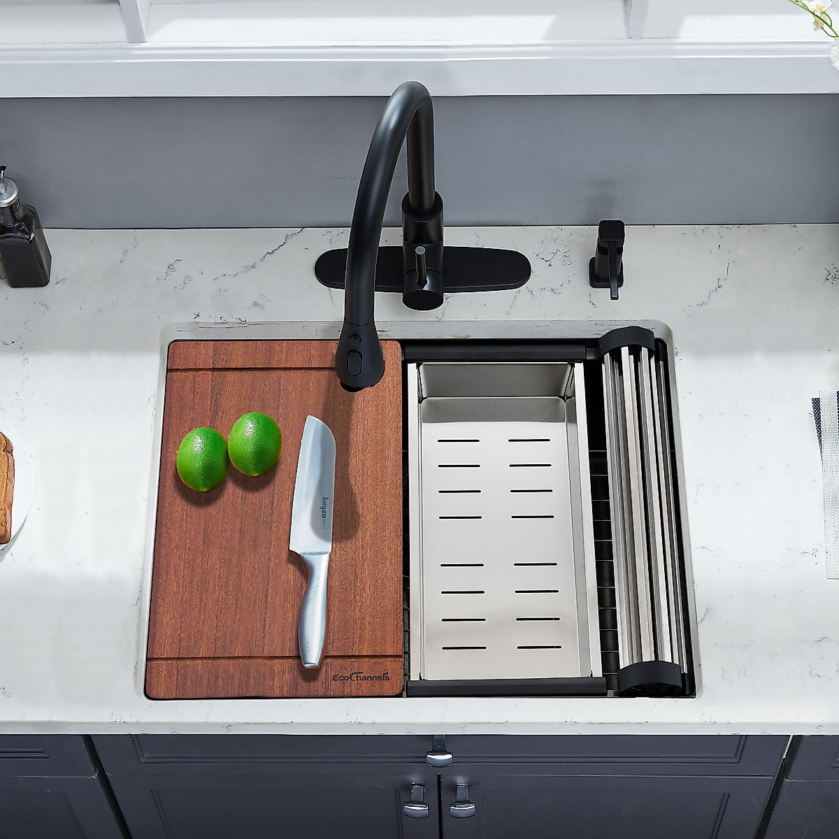 EcoChannels Undermount Kitchen Sink, 24 x 19 Inch Sink Kitchen 16 Gauge Stainless Steel Kitchen Sinks Gunmetal Black Single Bowl Workstation Sink with Cutting Board