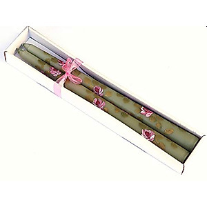 Dripless Unscented Olive Sage Green Romantic 10 Inch Long Taper Dinner Candles Set with Painted Pink Roses