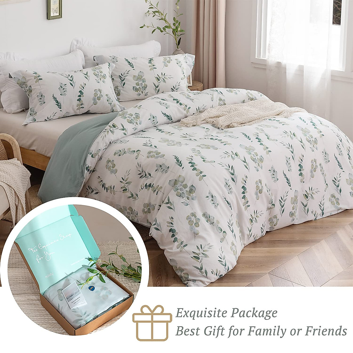 MILDLY Leaf Duvet Cover Sage Green - 100% Washed Cotton Eucalyptus Printed Linen Feel Bedding Set with Zipper Closure 4 Ties King Size