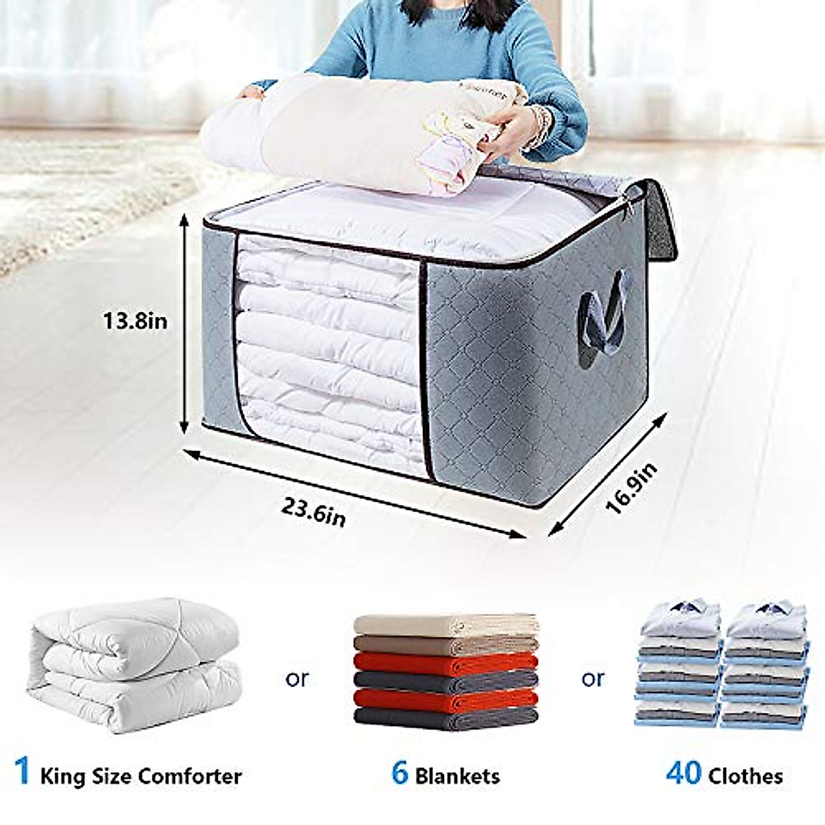 Clothes Storage Bag, Large Capacity Clothes Storage Organizer with Clear Window, 3 Layer Foldable Fabric, Sturdy Handles Storage for Comforters,Bedding,Blankets and Clothing, 3 Pack, 90L, Grey