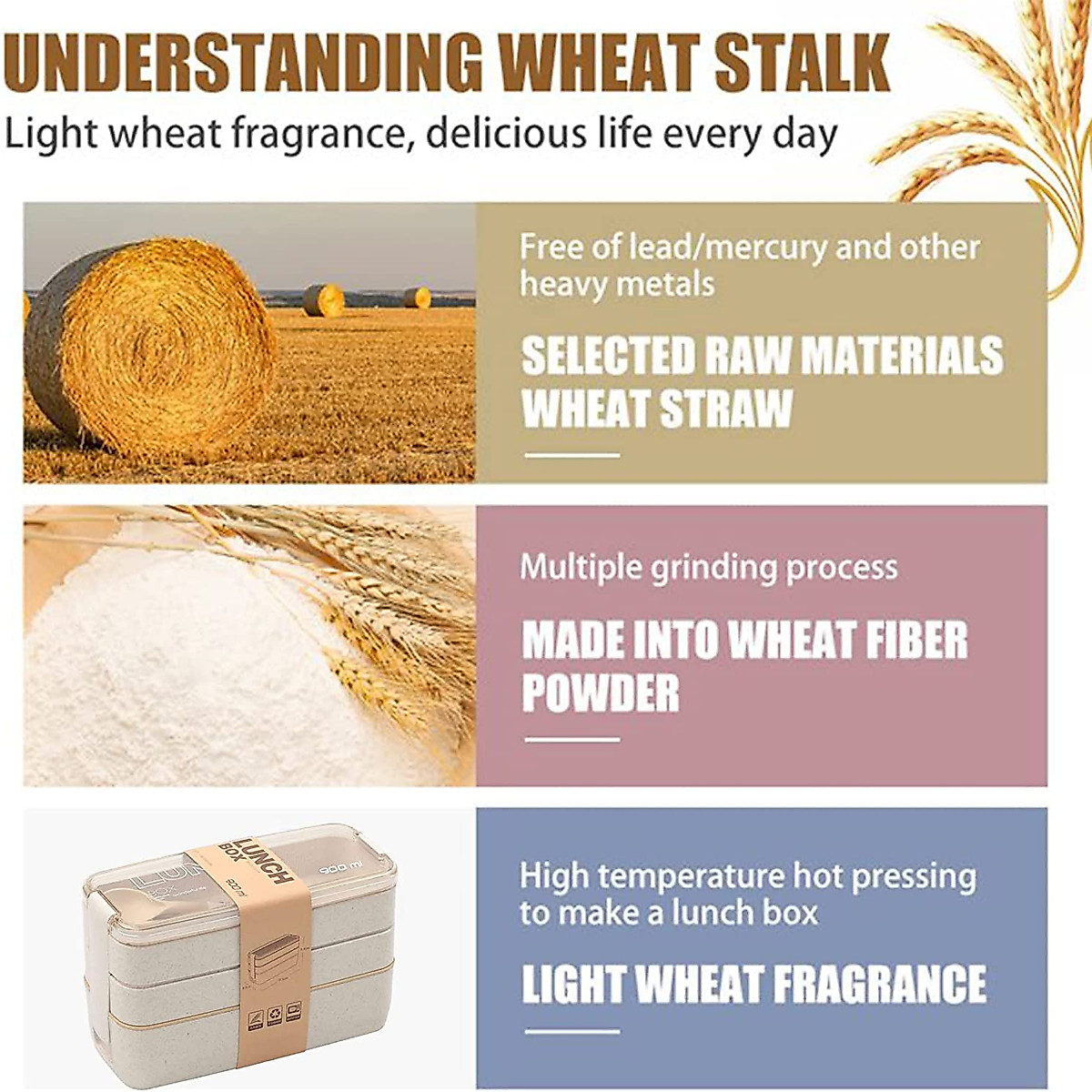 Rarapop Beige Stackable Bento Lunch Box Kit, 3-In-1 Compartment Wheat Straw Lunch Containers with Tableware, Reusable On-the-Go Meal and Snack Containers