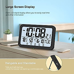 Digital Clock, Digital Wall Clock Battery Operated, Clocks with Large Display, Alarm Clock with Backlight, Desk Clock with Temperature Humidity Day Date for Bedroom Living Room Office (Black)
