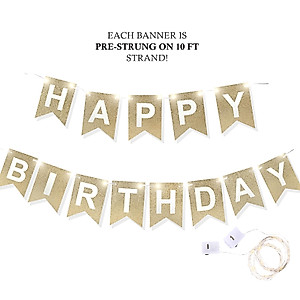 RUBFAC Pre-Strung Happy Birthday Banner - NO DIY - Gold Glitter Birthday Party Banner with 2pcs Fairy Lights for Birthday Party Decorations, Rose Gold Happy Birthday Sign