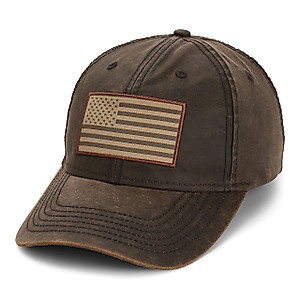 Waxed Cloth American Flag Cap American Fit US Flag Cap Fits Head Size MD - 2X (Brown)
