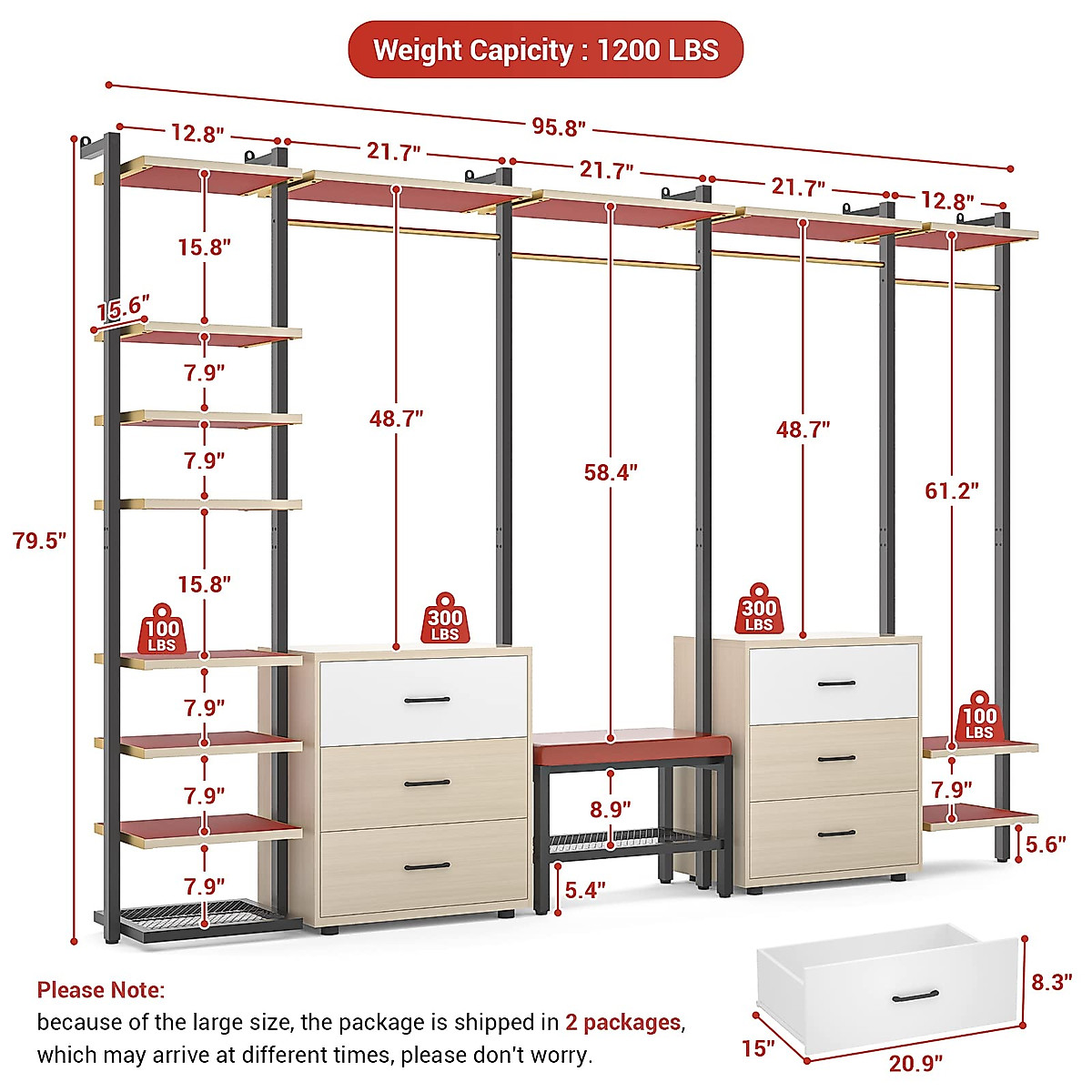 Cyclysio 96'' Heavy Duty Closet System, Large Wooden Garment Rack, Wall Mounted Walk-in Closet, Clothing Rack with Shelves, Closet Organizer System with Stool, 14 Shelves, 6 Drawers, 4 Rods, Black