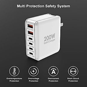 URVNS 200W USB C Charger, GaN 6 Ports PD 100W PPS 45W QC30W Super Fast Charging Station for iPhone 15 14 Series, MacBook Laptop, iPad, Samsung Galaxy S23/22 and More(with 5FT Power Cord)