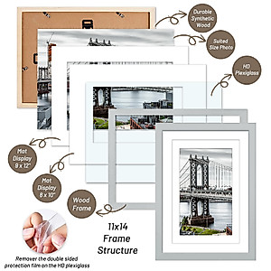 UHFWIFR 11x14 Picture Frames Solid Wood Display Pictures 9x12 or 8x10 with Mat or 11x14 Frame without Mat Poster Photo Frame Art with 2 Mats for Wall Mounting or Table Top(Gray)