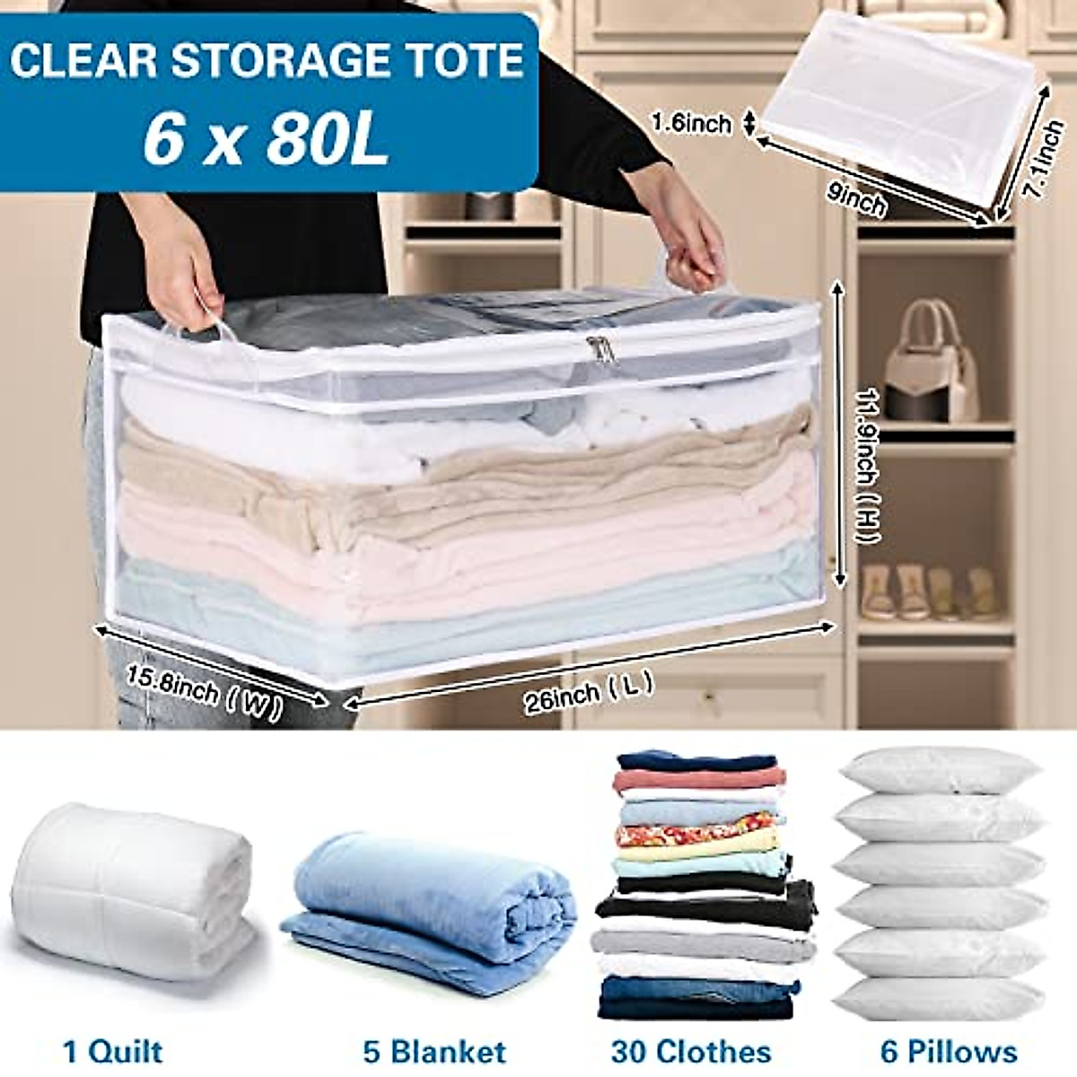 Fixwal 6 Pack Clothes Storage Bag 80L Clothing Storage Bags Organizer Large Clear Storage Bags Contains with Reinforced Handles Zipper Clothes Storage for Bedding Blankets Pillows, Space Saving