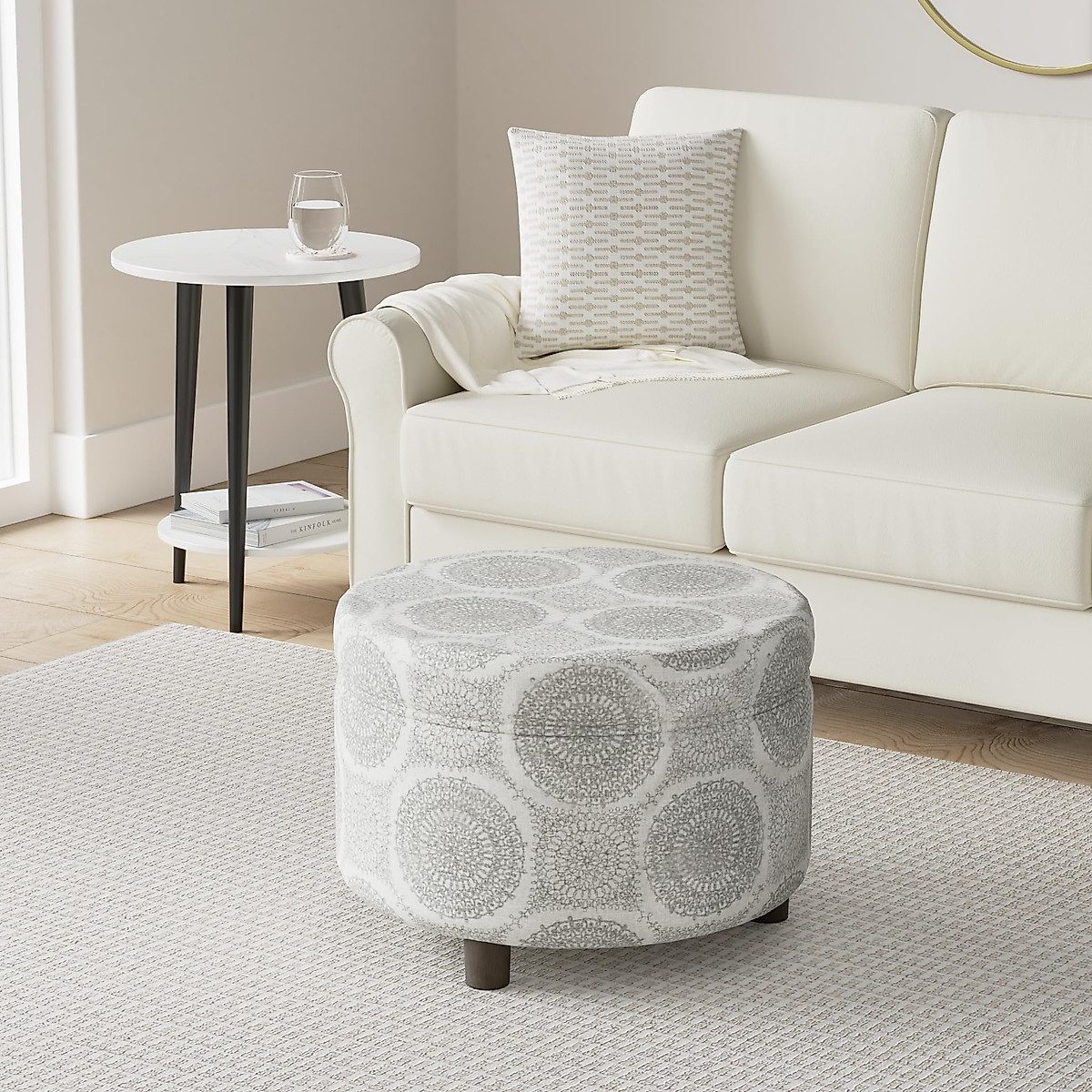 Homepop Home Decor | Upholstered Round Storage Ottoman | Ottoman with Storage for Living Room & Bedroom (Grey Medallion) 24.0 In. X 24.0 In. X 17.0 In.