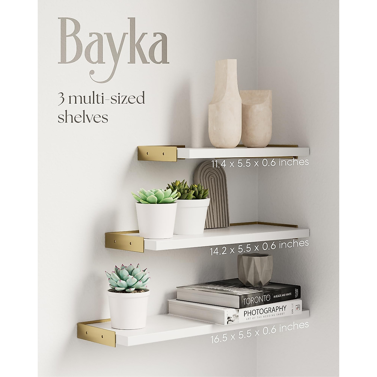 BAYKA Wall Shelves for Bedroom Decor, Floating Wall Shelves for Living Room Kitchen Storage, Wall Mounted Rustic Wood Shelves for Kids Books, Small Shelf for Bathroom(White and Gold，Set of 3)