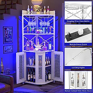 Aheaplus Corner Bar Cabinet with Power Outlet, Industrial Wine Cabinet with LED Strip and Glass Holder, 5-Tiers Liquor Cabinet Bar Unit for Home, Corner Display Cabinet for Small Space, White