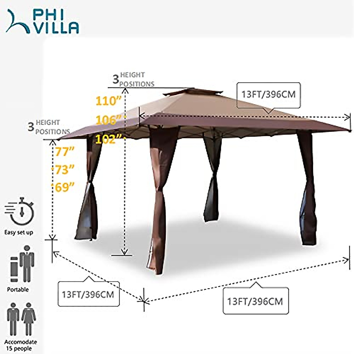 PHI VILLA 13'x13' UV Block Sun Shade Gazebo Canopy with Hardware Kits, Gazebo Shade for Patio Outdoor Garden Events, Brown