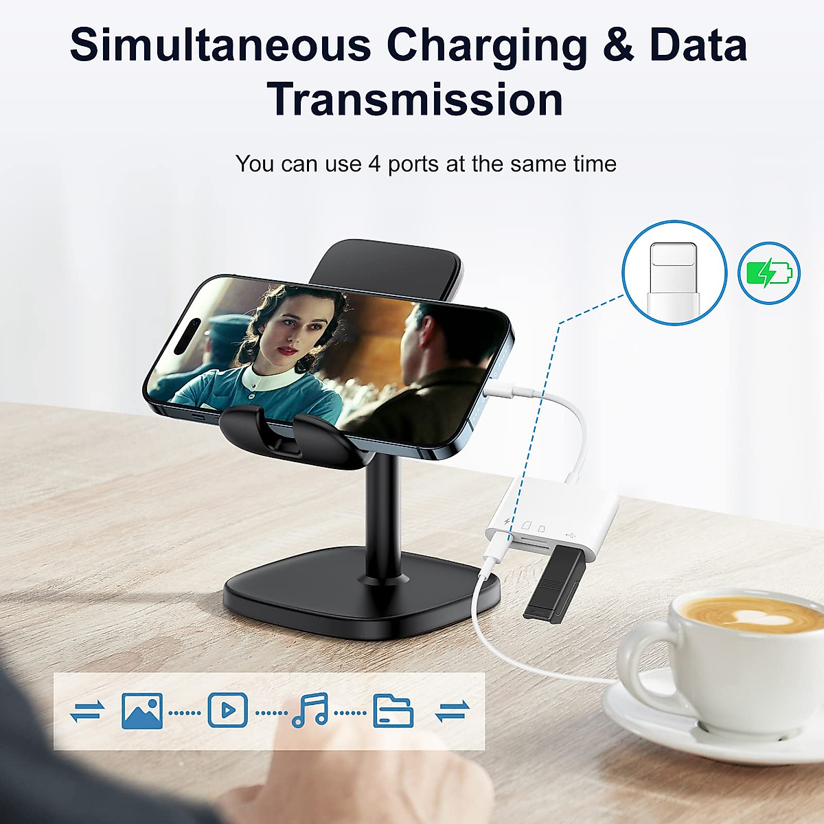 SD Card Reader for iPhone iPad, 4 in 1 Trail Game Camera Memory SD Card Viewer, Portable USB 3.0 OTG Adapter Compatible SD/TF Card for iPhone Adapter with Simultaneous Charging Port, Plug and Play