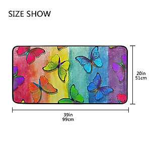 Rainbow Butterflies Kitchen Rug Door Mat Bath Rug Home Decor Floor Mat Non-Slip Carpet for Kitchen Living Bedroom 39 x 20 Inch