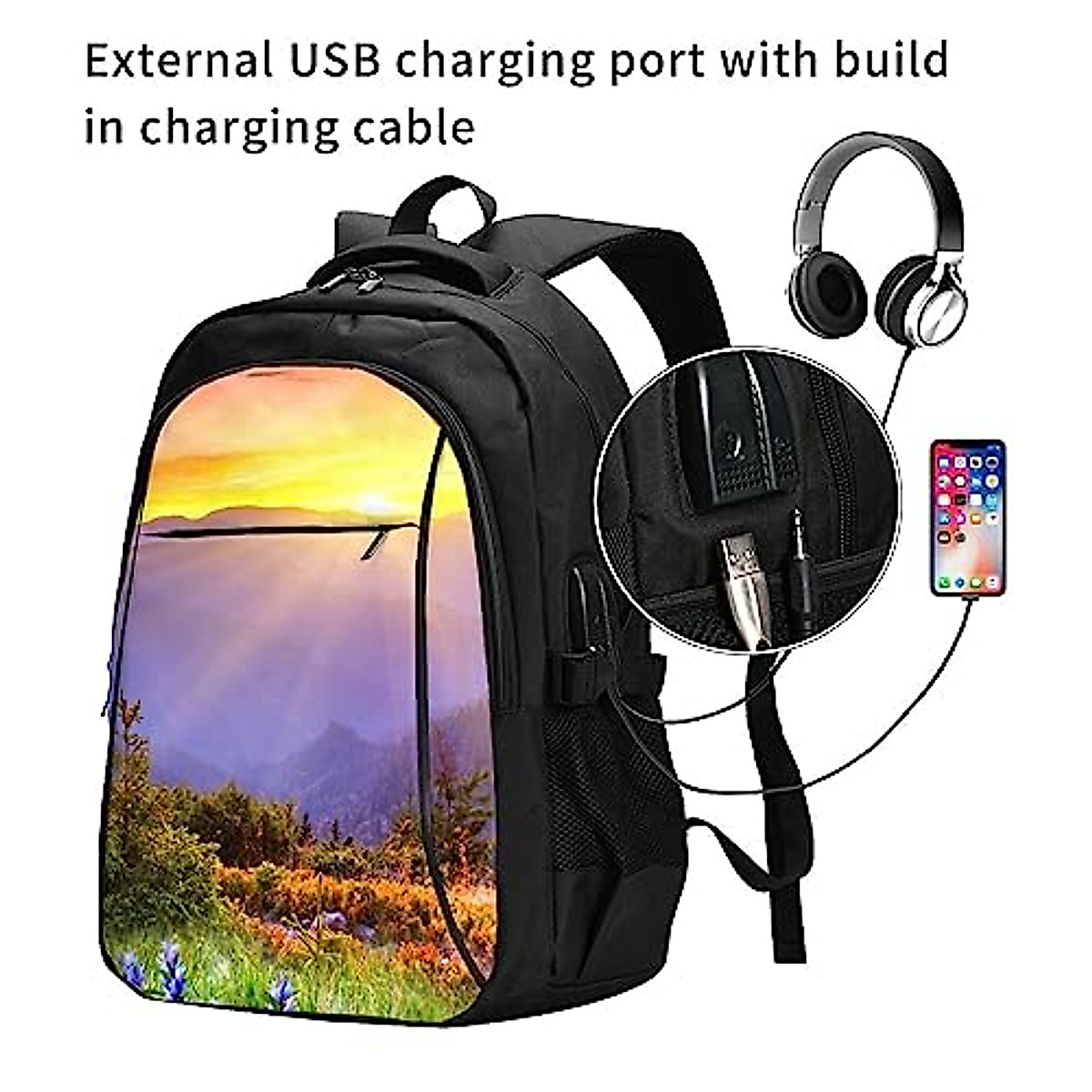 BAFAFA Rocky Mountain Sunset Sunshine Printed Backpack Laptop Bookbag With USB Charger Daypack For Travel Business