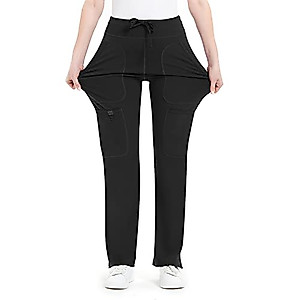 QBK Yoga Scrub Pants Women Mid Rise Yoga Work Pants- Five Pocket Cargo Scrub Pant (Large, Black)