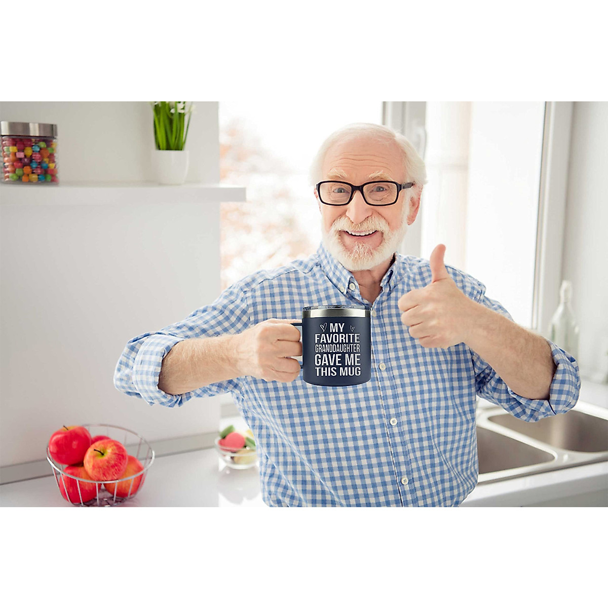 AMAZPRINTS Gifts for Grandpa from Grandaughter, Grandson, Kids on Fathers Day, Christmas, Birthday - Funny Coffee Mug Gifts for Grandparents - Grandparents Insulated Stainless Steel Mug 14oz Navy