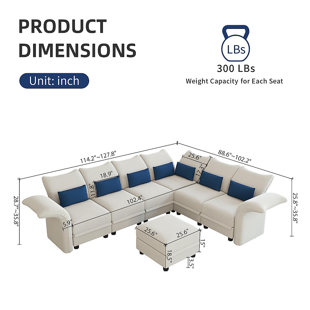 LLappuil Velvet Modular Sectional Sofa L Shaped Corner Couch with Storage Chaise, 127.8" 7-Seater Oversized Sofa with Ottoman, High Back Recliner Sleeper Couches, Anti-Scratch White