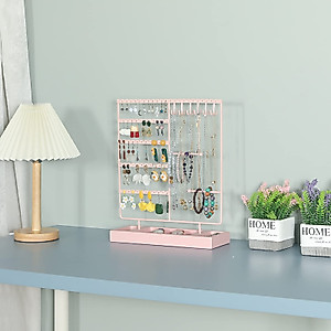 X-cosrack Earring Organizer Holder, 5-Tier Ear Stud Holder with Wooden Tray, Jewelry Towers for Earrings Necklaces Bracelets Watches and Rings,Earring Display Stand, Pink