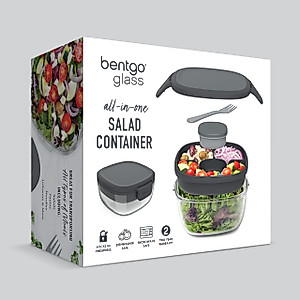 Bentgo® Glass - Leak-Proof Salad Container with Large 61-oz Salad Bowl, 4-Compartment Bento-Style Tray for Toppings, 3-oz Sauce Container for Dressings, and Built-In Reusable Fork (Dark Gray)