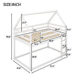 Bellemave Twin Over Twin House Bunk Bed for Kids,Floor Bunk Beds with Ladder and Guardrails,Solid Wood Twin Size Low Bunk Bed for Girls Boys,White