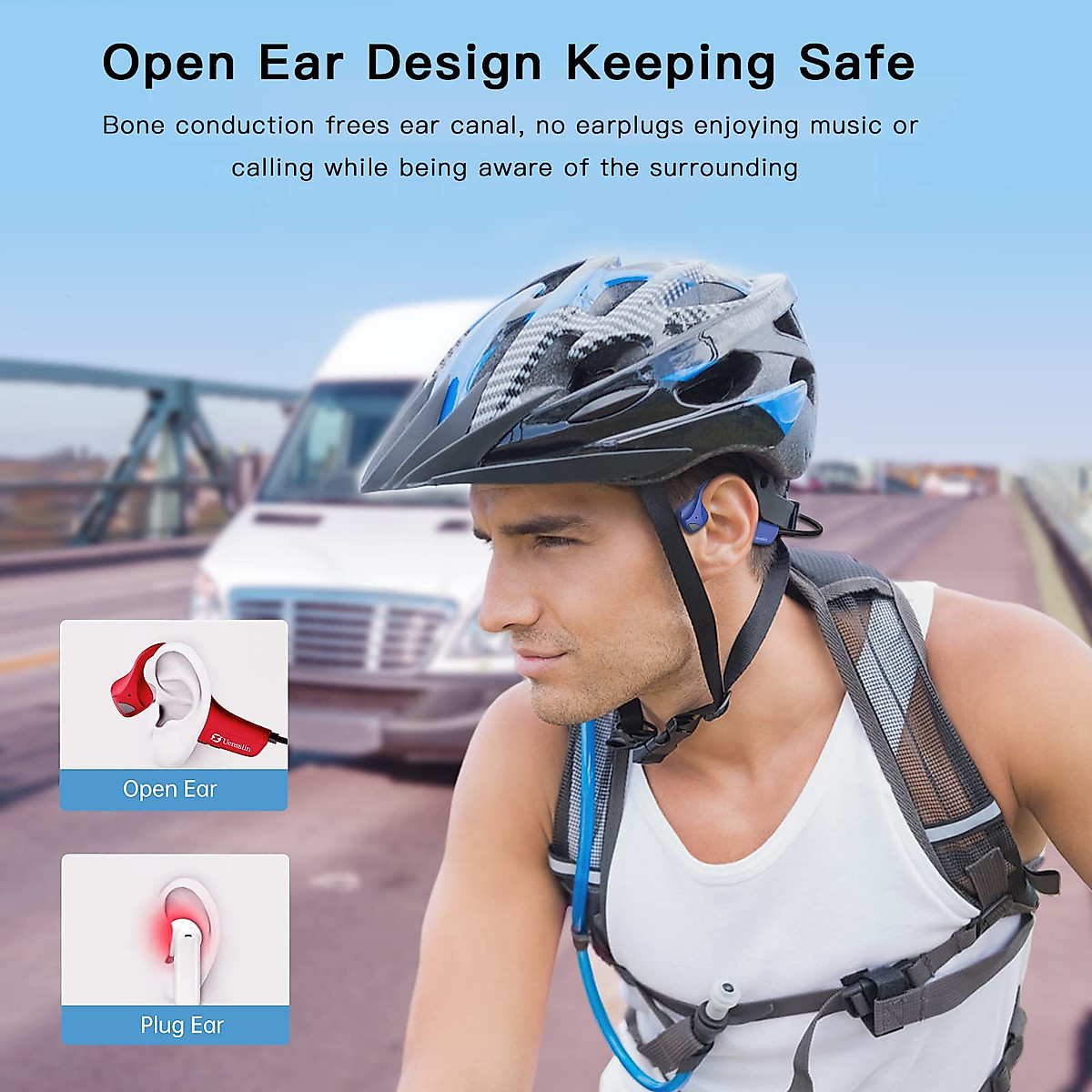 Bone Conduction Headphones Bluetooth5.0, Open Ear Headphones Sports Wireless Earphones with Built-in Mic, Sweat Resistant Headset for Workouts, Running， Cycling, Hiking, Driving, Climbing-Blue