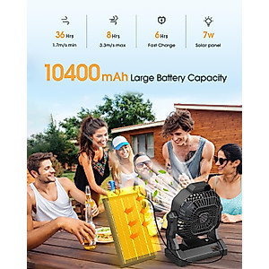 10400mAh Solar Fan, Camping Fan with Solar Panel, 7W 9-Inch Rechargeable Battery Operated Fan for Outside, LED Lantern, Stepless Speed and Quiet Battery Powered Solar Tent Fan for Tent,Outdoor, Office