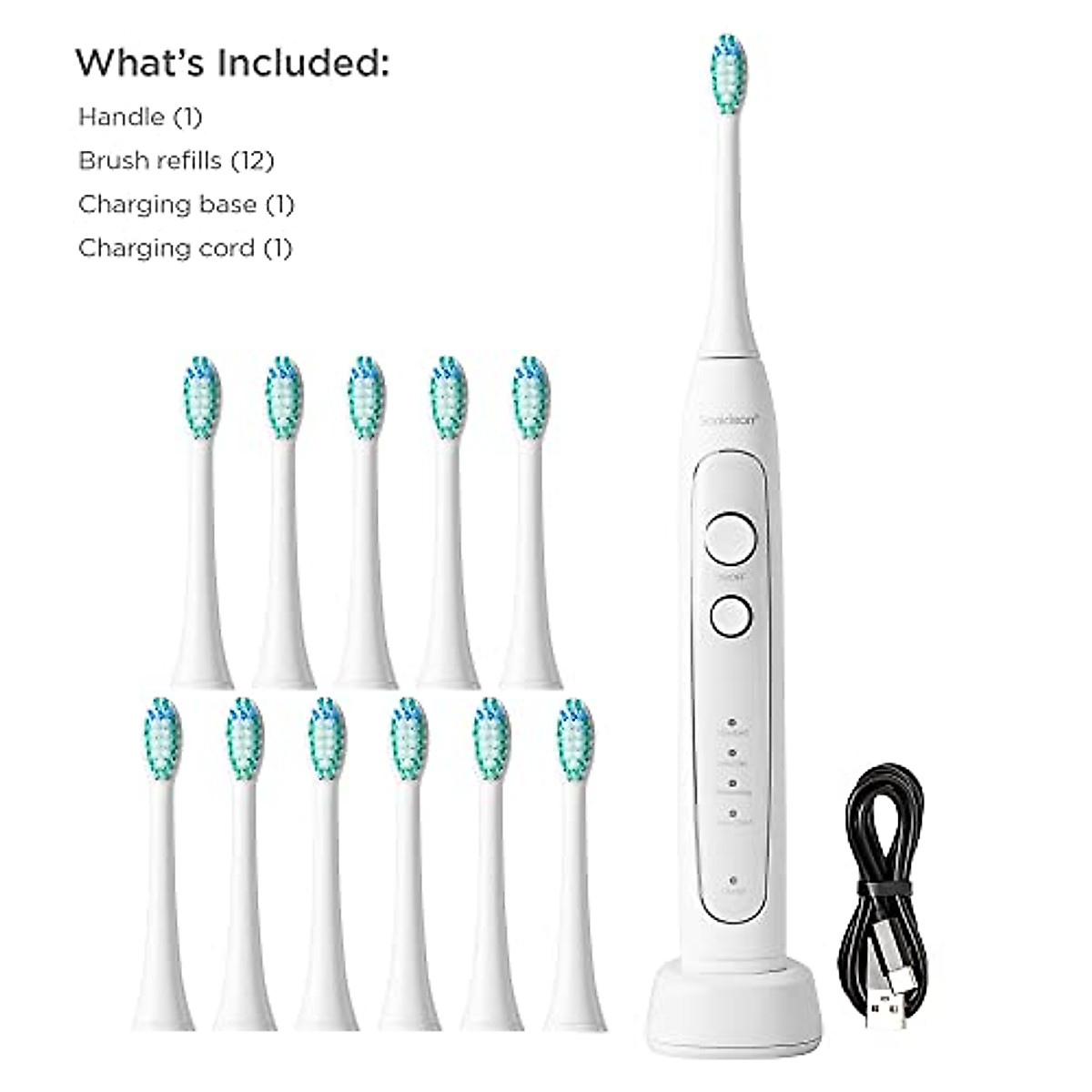 Soniclean Pro 4800 Electric Toothbrush for Adults with 12 Toothbrush Heads, Rechargeable Toothbrush, Automatic Toothbrush, Soft Bristle Toothbrush, White