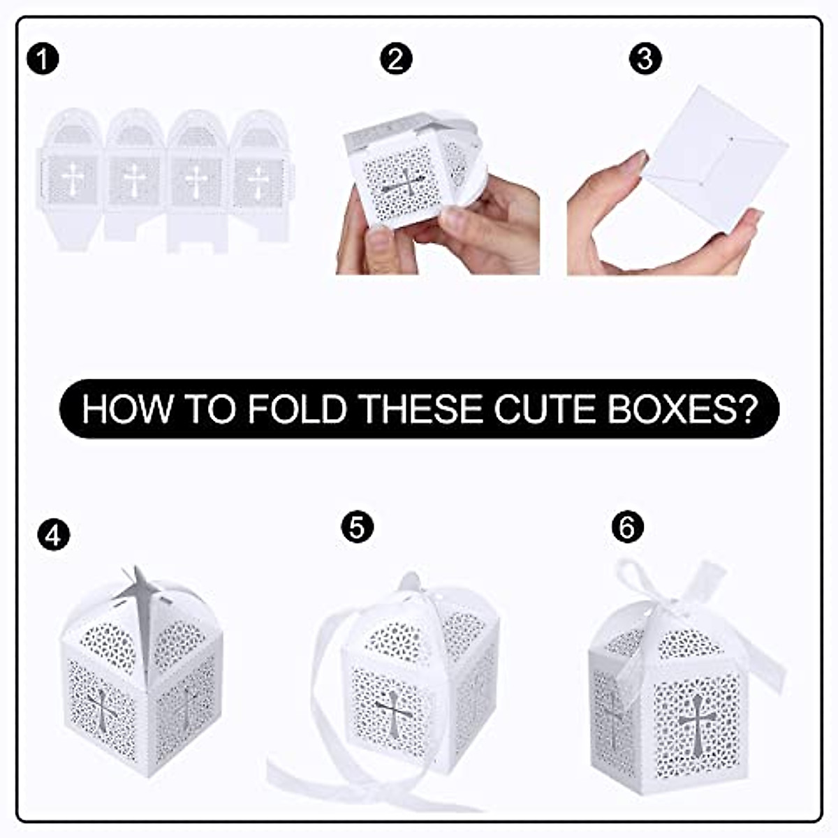 KPOSIYA 70 Pack Baptism Favor Boxes,Laser Cut Candy Boxes with Ribbons, Party Favor Small Gift Boxes for Baby Shower Baptism Decorations First Birthday Party Christening Favor (White-70)