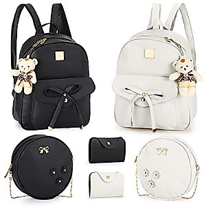 6 Pieces Mini PU Leather Backpack Purse Set Cute Girls Bowknot Small Backpack Rucksack Satchel Shoulder Bag Bookbag for Women Teen Girls