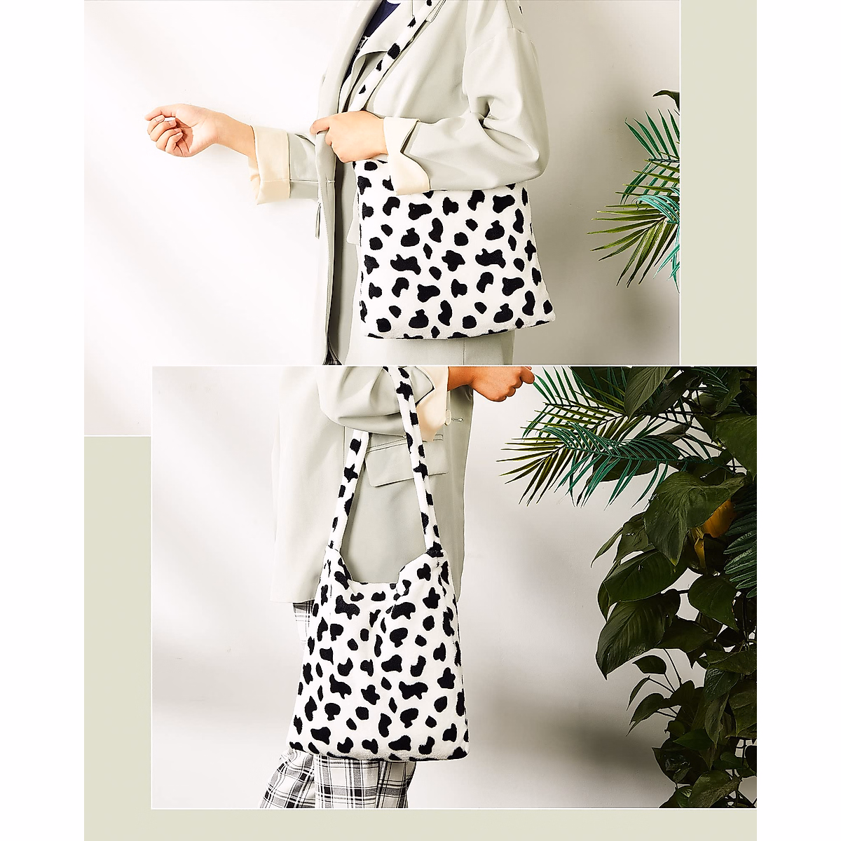 Fluffy Shoulder Bag Flower Cow Plush Underarm Handbag Bag Fluffy Purse Small Clutch Bag for Women Autumn Winter (White and Black, Shoulder Bag)