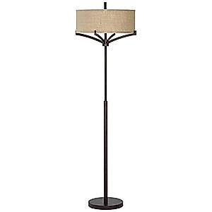 Franklin Iron Works Tremont Modern Mid Century Floor Lamp Standing 62" Tall Deep Bronze Metal Tan Burlap Drum Shade for Living Room Reading Bedroom Office House Home Decor