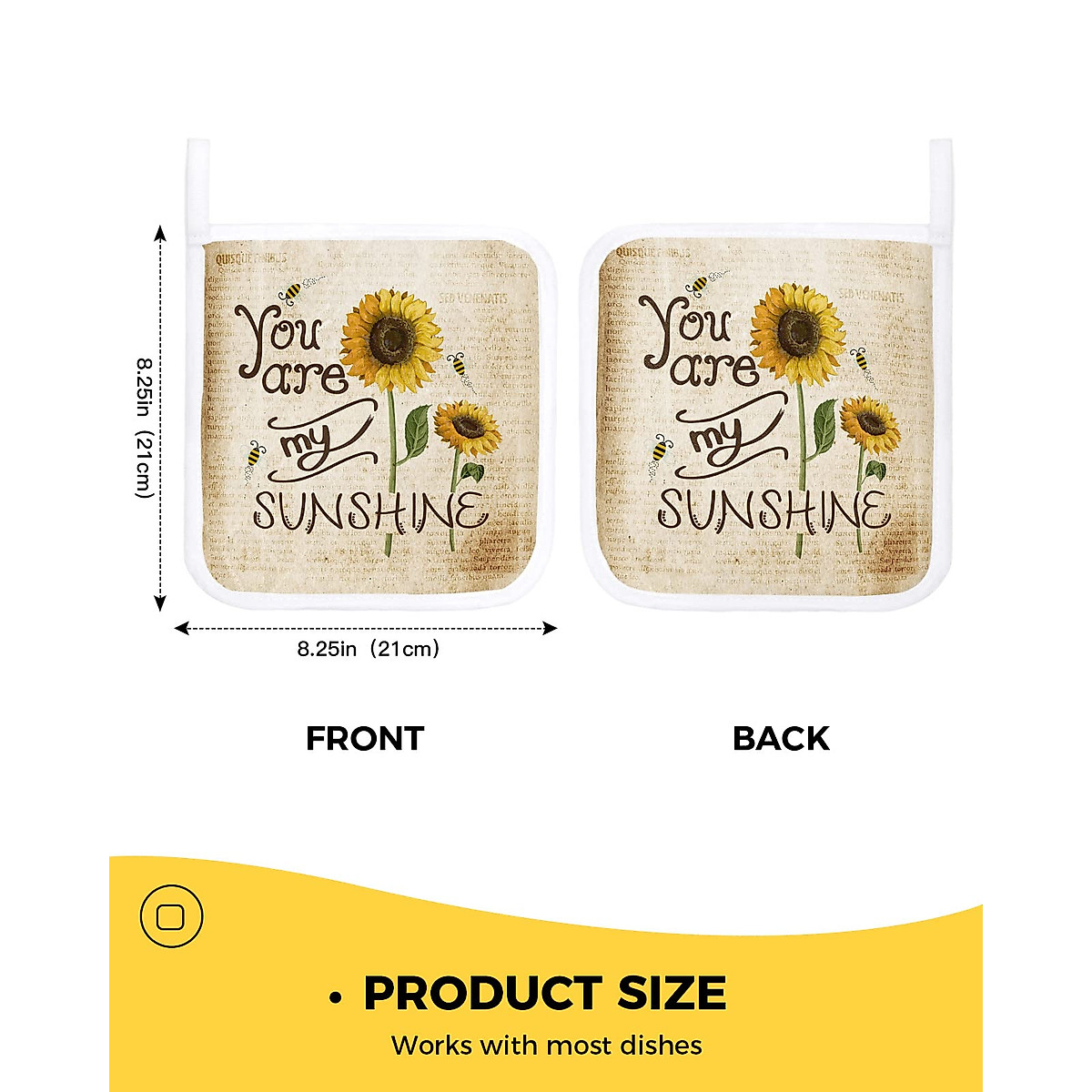 Pot Holder Set of 2 Sunflower Sunshine Bee Potholder Heat Proof Non-Slip Pot Holders,Yellow Flower on Retro Newspaper Hot Pads Potholders for Kitchen Cooking Baking BBQ