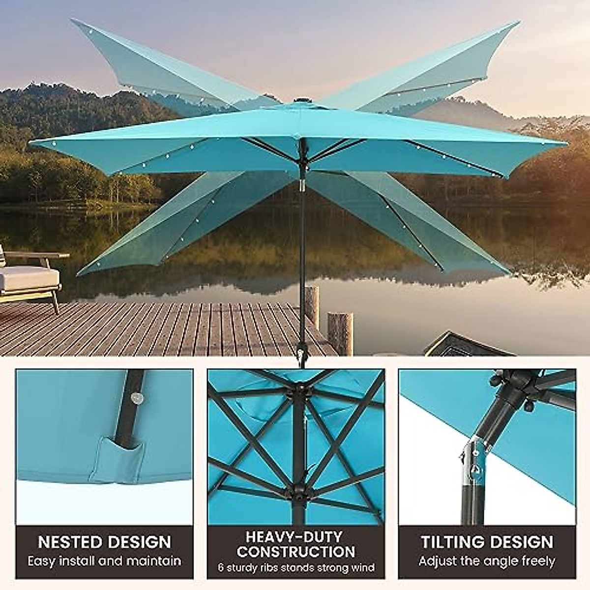 MONDAWE Outdoor Solar LED Patio Umbrella 10 x 6.5 FT Rectangular Market Umbrella with Lights， Tilt and Crank Aluminum Commercial Table Umbrella for Pool Backyard Balcony