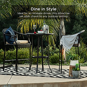 Best Choice Products 3-Piece Patio Bar Table Set, Outdoor Wicker Bar Height Bistro Furniture for Backyard, Poolside, Balcony w/Barstools, Cushions, Steel Frame – Brown/Beige