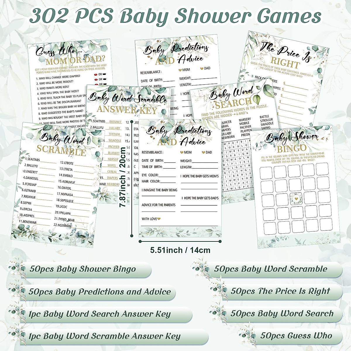 Kosiz 302 Pcs Greenery Eucalyptus Baby Shower Games 6 Games Activities Include Baby Shower Bingo, Word Scramble, Word Search, Baby Predictions and Advice, The Price is Right, Guess Who