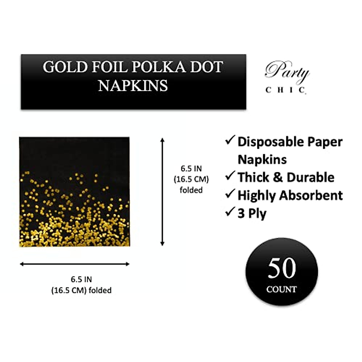 Party Chic Black and Gold Party Supplies Disposable Napkins Gold Dot Confetti Paper Napkins for Birthday Anniversary New Years Graduation Wedding Christmas 3-Ply 50 Pack