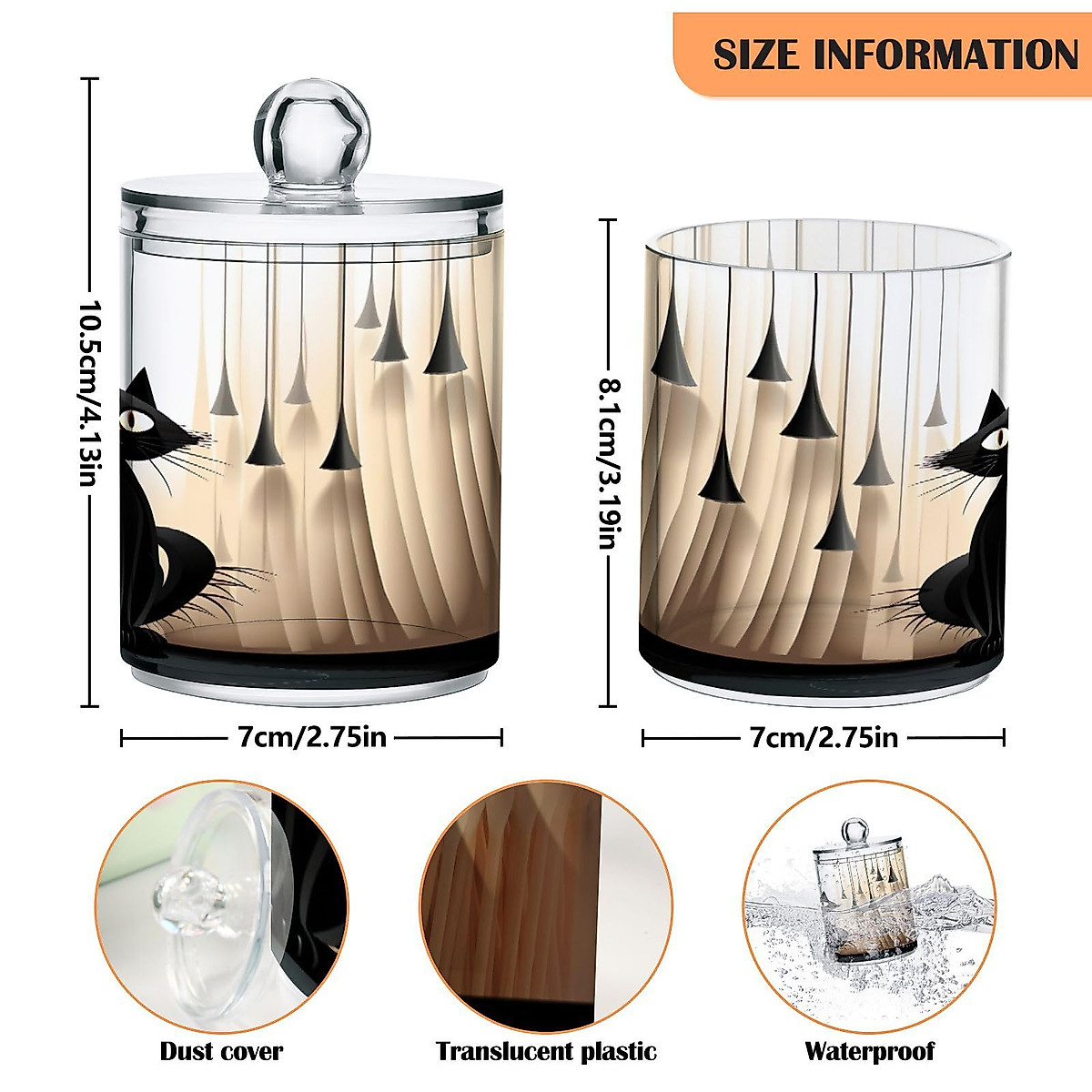 Wassud Cute Black Cat Qtip Holder Dispenser Clear Apothecary Jars with Lids Bathroom Organizers and Storage Canister for Swabs Balls Bathroom Accessories 2 Pack